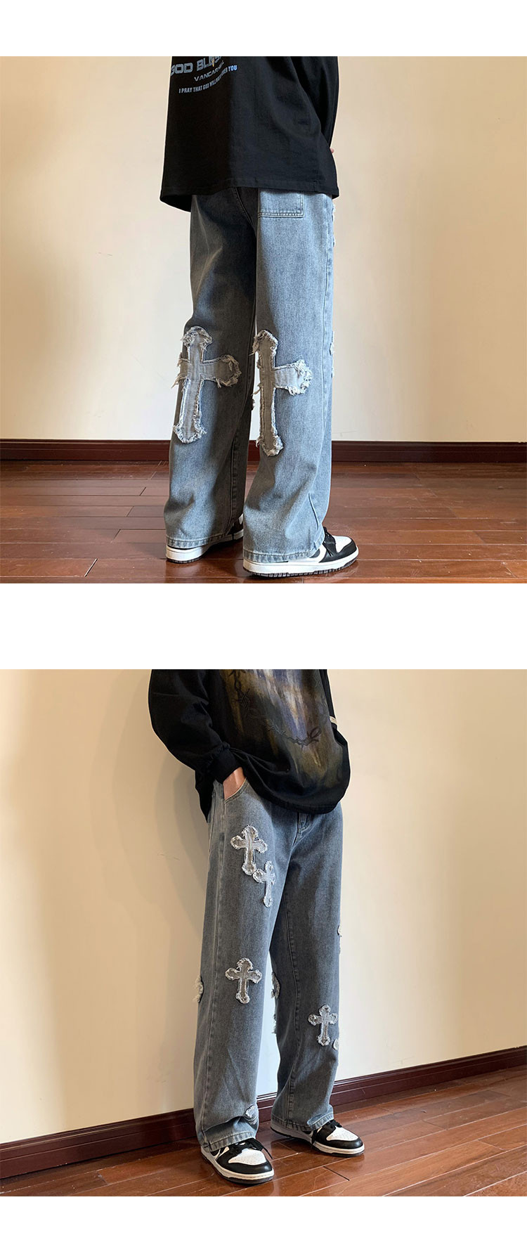 Мъжки модерни дънки с бродиран кръст и джоб - Badu.bg