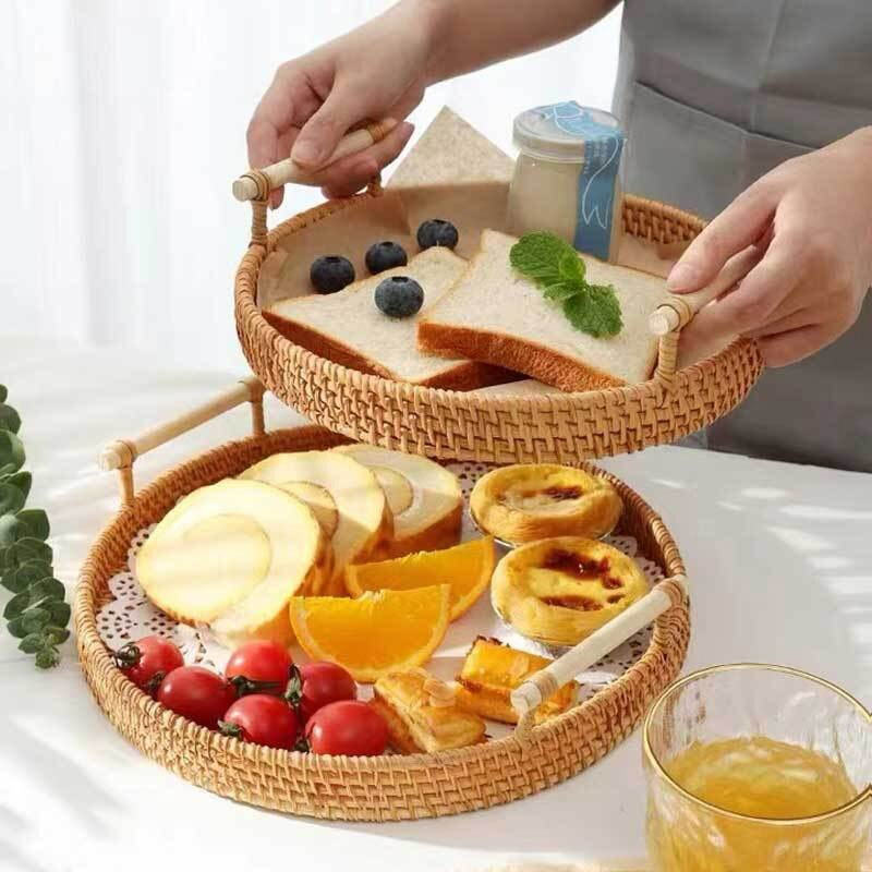 Badu Bg Ръчно плетена ратанова тава за съхранение с дървена дръжка Кръгла кошница за хляб Плато