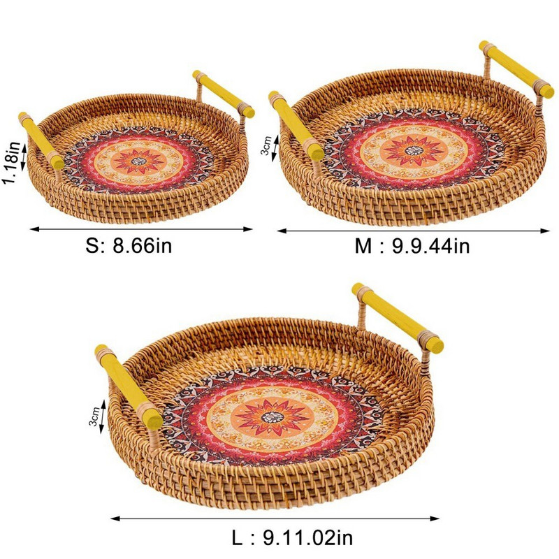 Badu Bg Ръчно тъкана ратанова тава за съхранение с дървена дръжка Кръгла плетена кошница Хляб