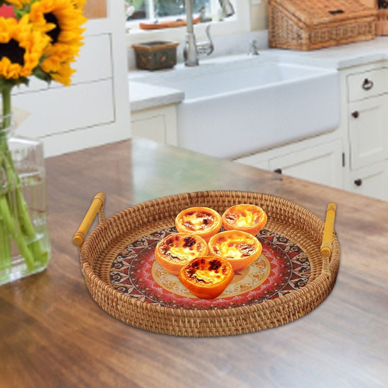 Badu Bg Тъкан кръгъл поднос ръчно изработена ратанова кошница за сервиране маса подноси за