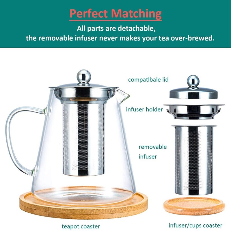 Badu Bg Стъклен чайник с подвижен инфузер от неръждаема стомана за листов чай чайник за чай и