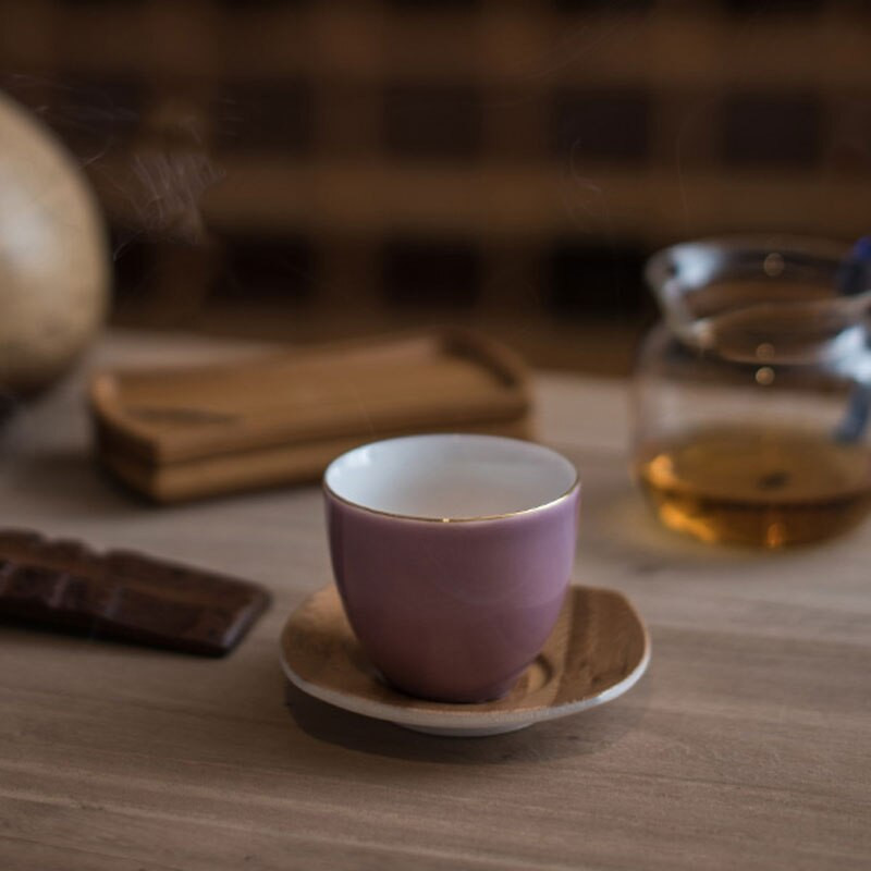 Badu Bg Ръчно изработени керамични чаши за чай със златен ръб с бамбукова чинийка за чаша Badu Bg