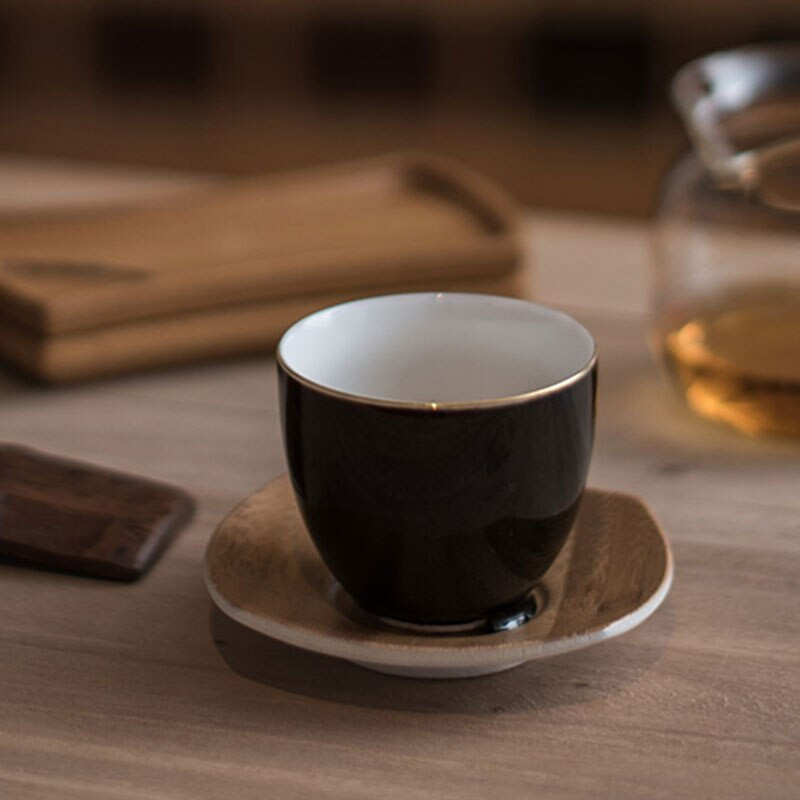 Badu Bg Ръчно изработени керамични чаши за чай със златен ръб с бамбукова чинийка за чаша Badu Bg