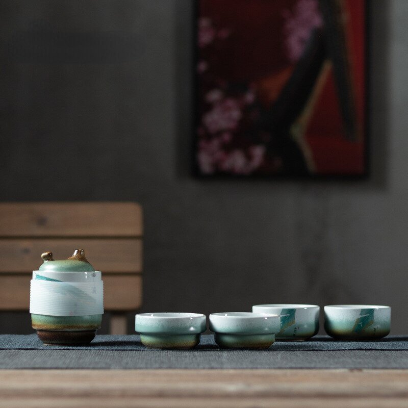 Badu Bg Преносим синьо и бяло на открито 1 тенджера 4 чаши Подаръци Ретро груба керамика