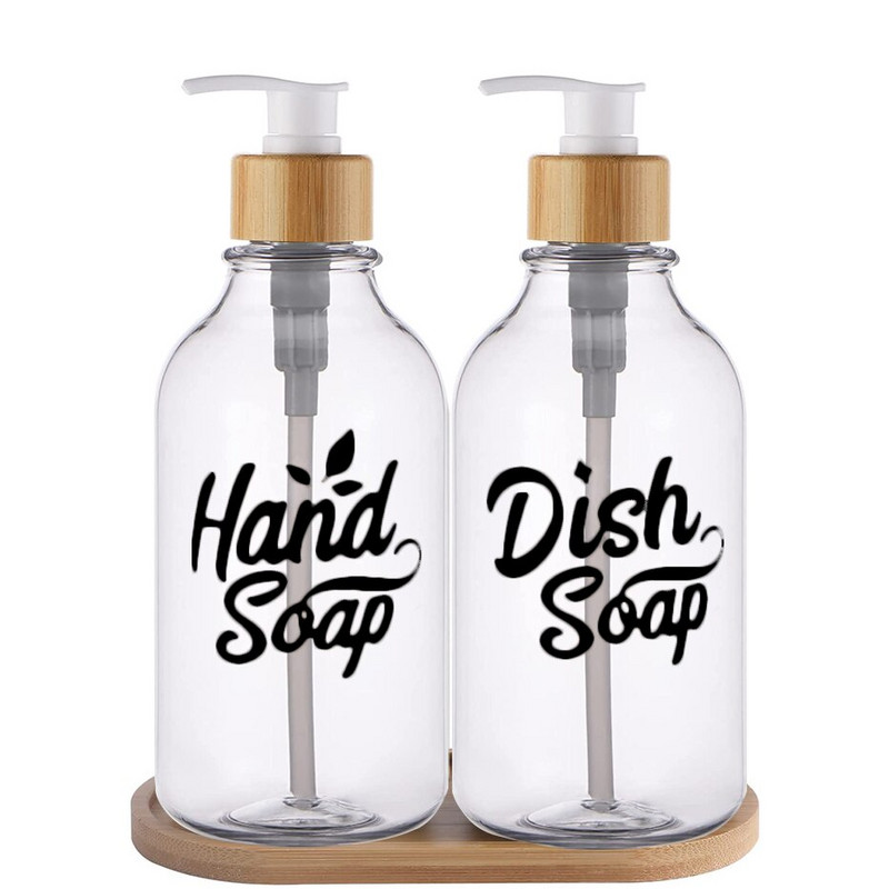 Badu Bg Комплект бутилки за съдове и сапун за ръце с дървена тава Пластмасов дозатор за сапун