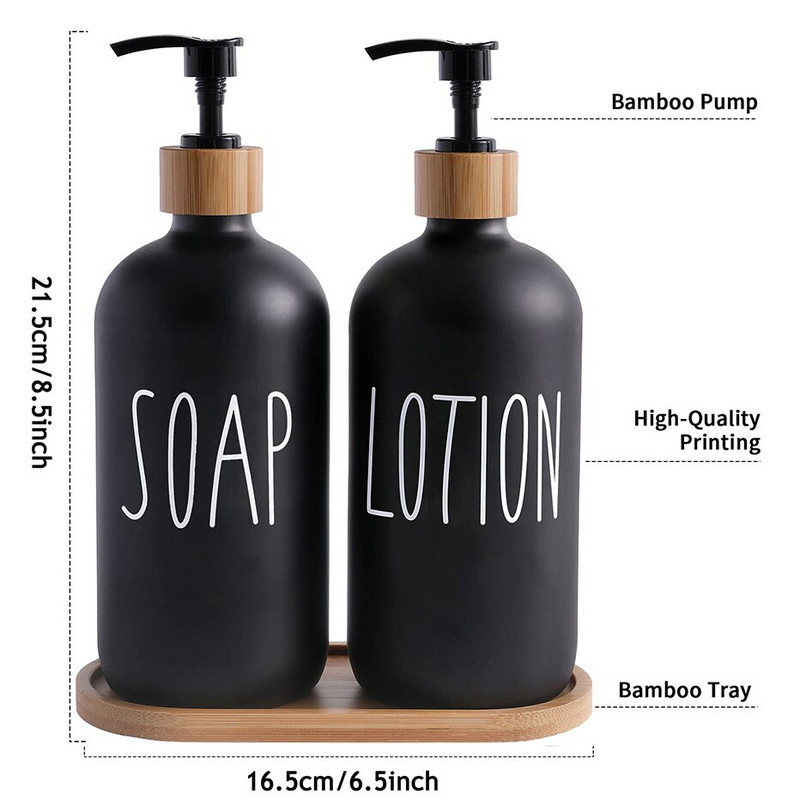 Badu Bg Матово черно стъклено шишенце за сапун с дървена помпа Дозатор за течен сапун Контейнер