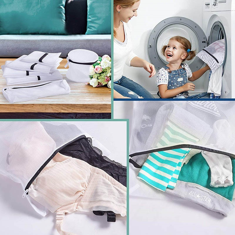 7 бр Мрежеста чанта за съхранение с цип Чанти за пране Пътни сгъваеми торби за пране на дрехи