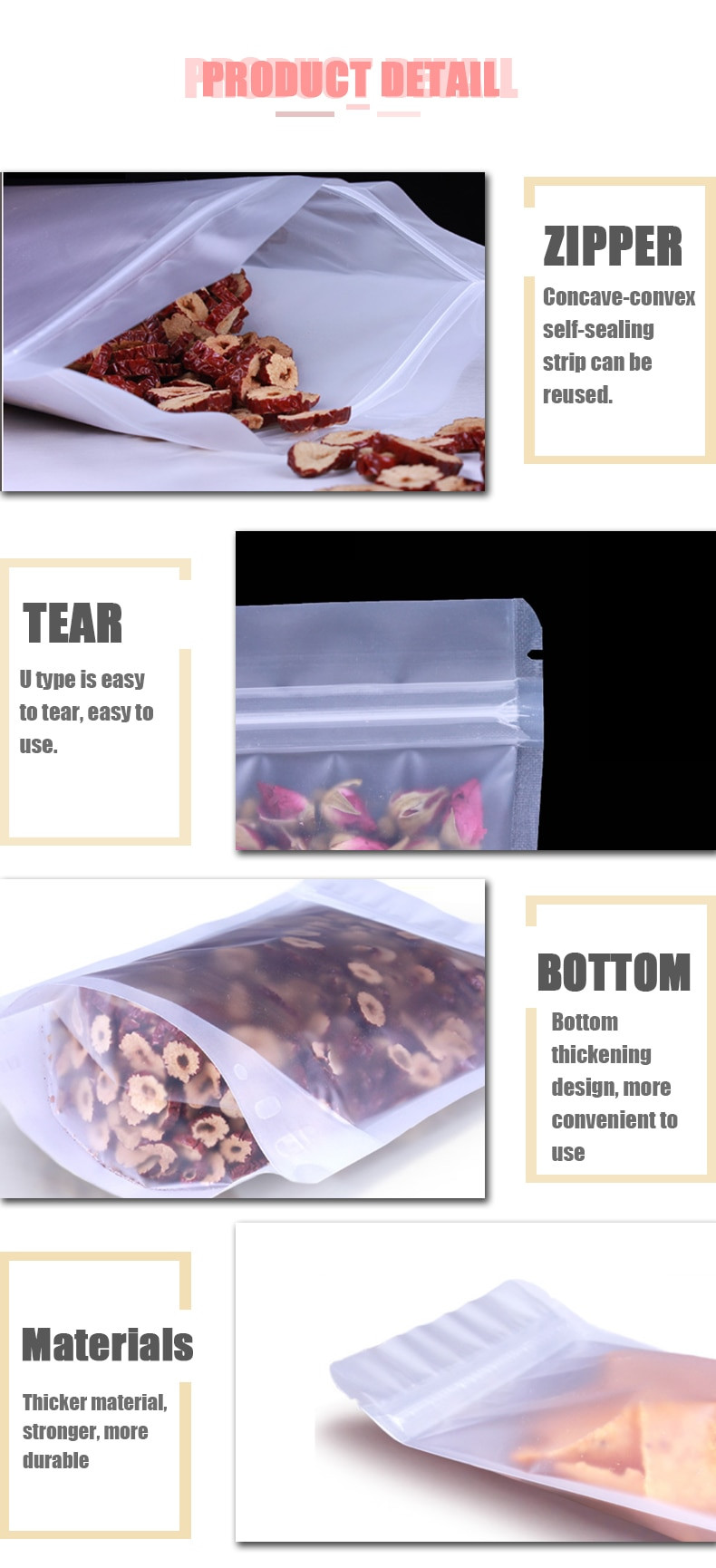 Затваряща се пластмасова торбичка за съхранение с цип прозрачна матирана торбичка за чай и ядки