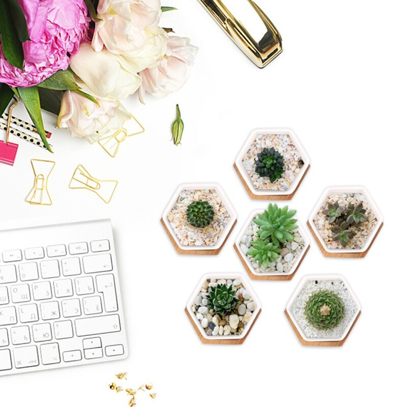 Badu Bg Обикновена бяла творческа керамична малка шестоъгълна саксия за сукулентни растения с