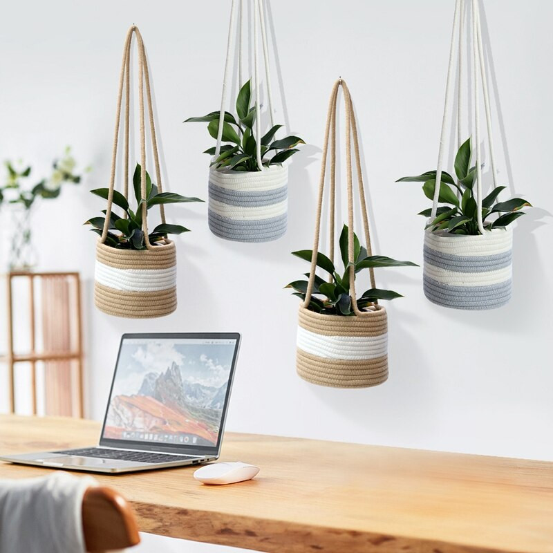 Badu Bg Висяща кашпа Плетена кошница за растения Вътрешна до 7 инча Саксия за цветя Макраме