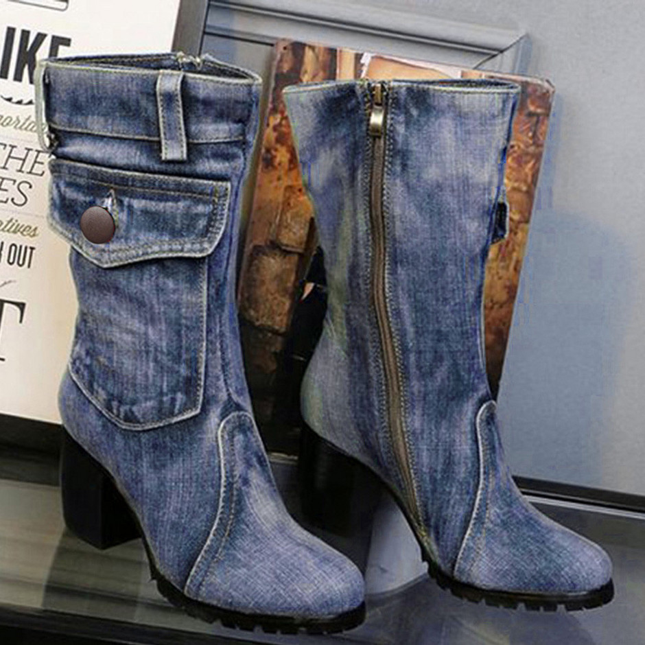 Badu.gr Μπλε μπότες τζιν Γυναικείες μπότες στη μέση της Ρώμης Χονδρές μπότες με μεσαίο τακούνι ...